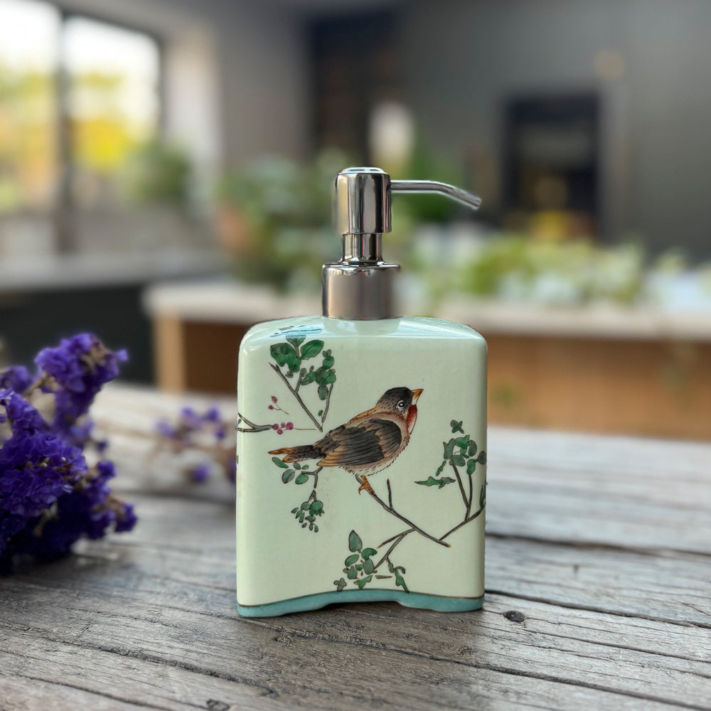 Green Porcelain Soap Dispenser with Bird Design | BEIYANG | Orchid