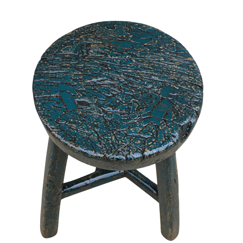 Chinese Vintage Round Blue Stool | Oriental Lacquer Stool | DONGLU | Orchid