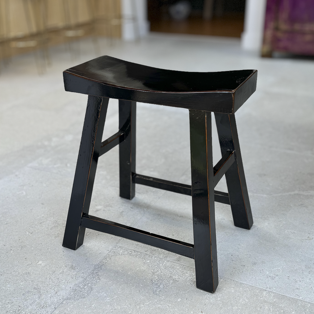Chinese Wooden Stool Black Lacquer | Oriental Stool Black Lacquer | Orchid