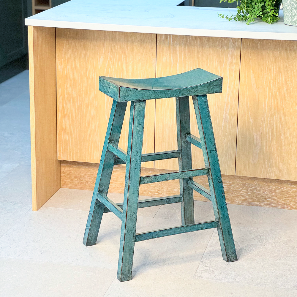 Tall Light Blue Lacquer Wooden Stool | Blue Breakfast Bar Stool Solid ...