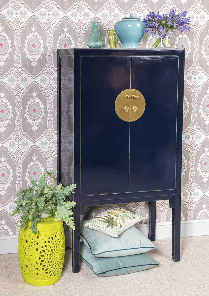 Tall Oriental Cabinet Indigo Blue Lacquer | Chinese Tall Blue Cabinet ...