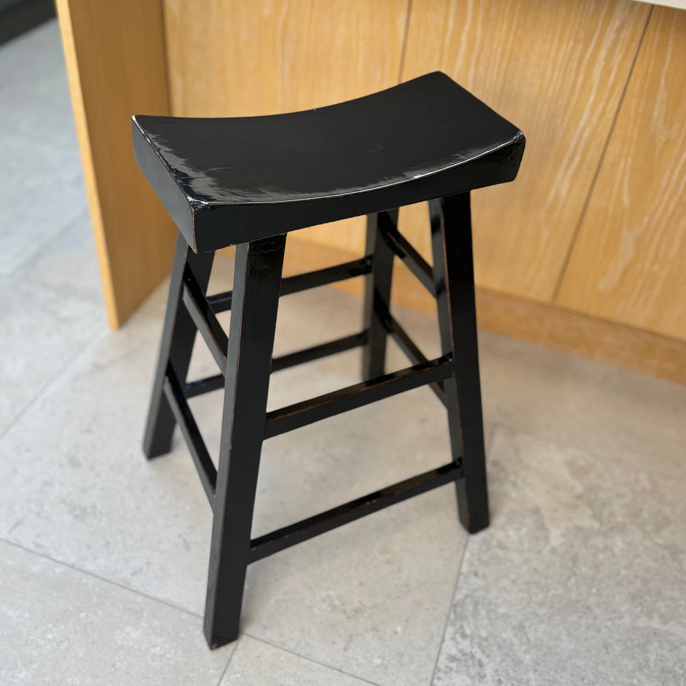 Tall Black Lacquer Wooden Stool | Black Breakfast Bar Stool Solid Wood ...